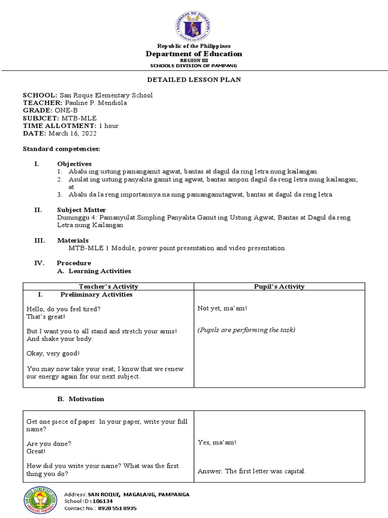 Detailed Lesson Plan MTB Week 4 | PDF | Learning | Communication