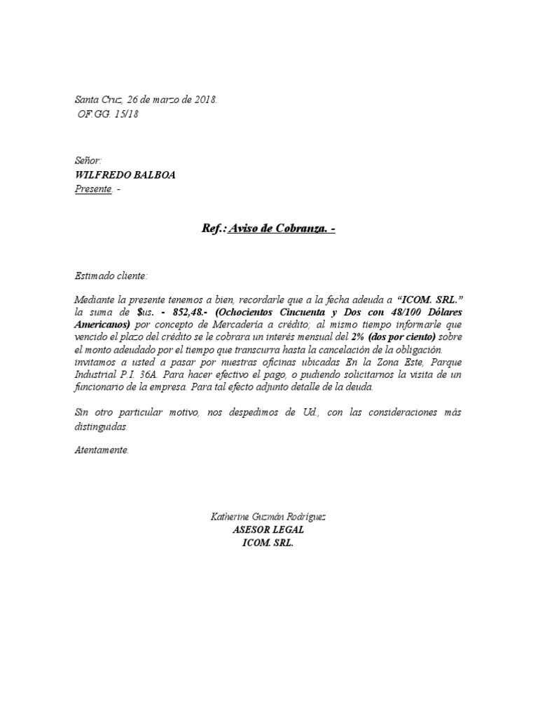 1ra Carta Aviso de Cobranza | PDF