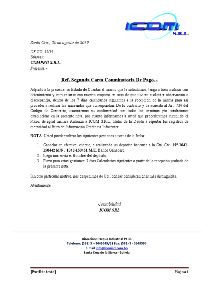 Carta CONMINATORIA DE PAGO | PDF