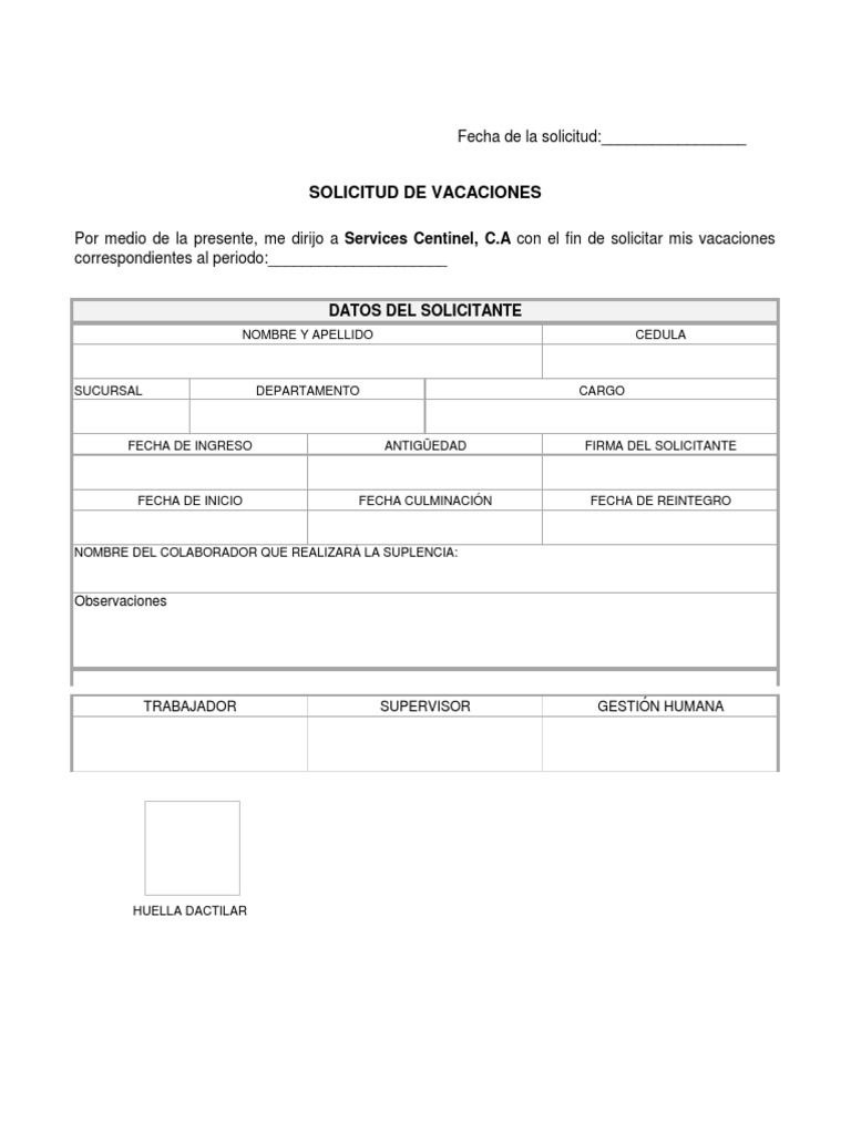 Formato de Vacaciones Services Centinel | PDF