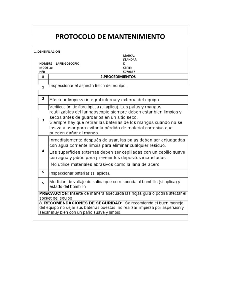 Protocolo de Mantenimiento Laringoscopio | PDF