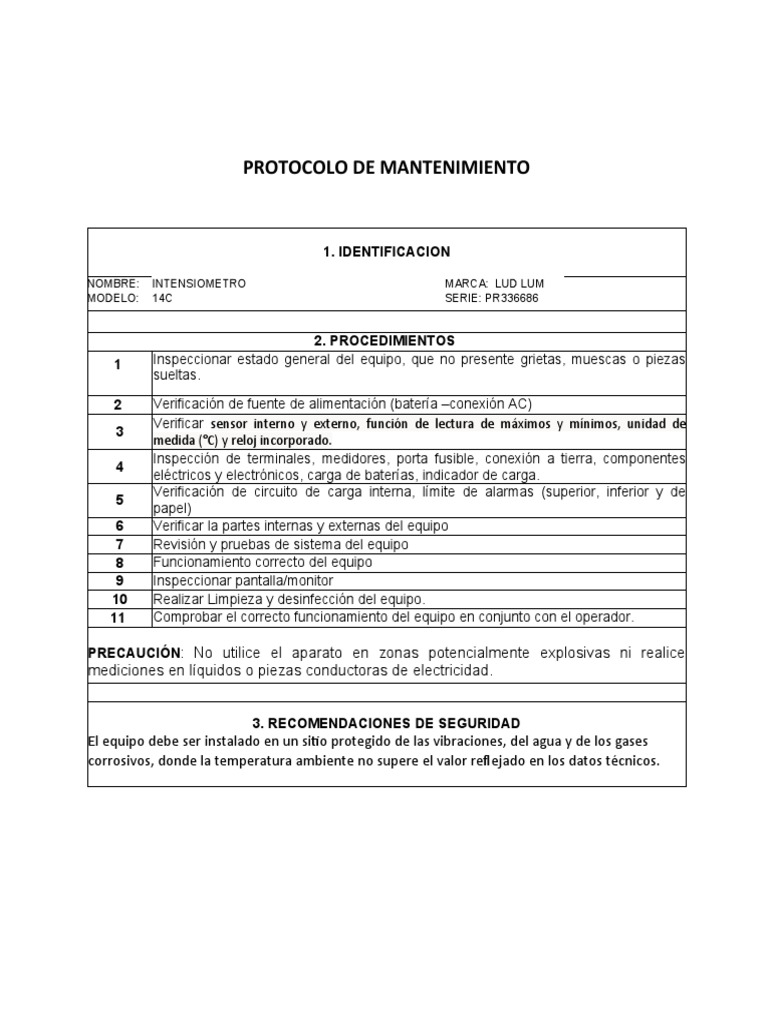 Protocolo de Mantenimiento Intensiometro | PDF