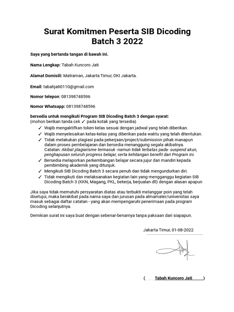 Salinan Dari Surat Komitmen SIB Dicoding Batch 3 | PDF