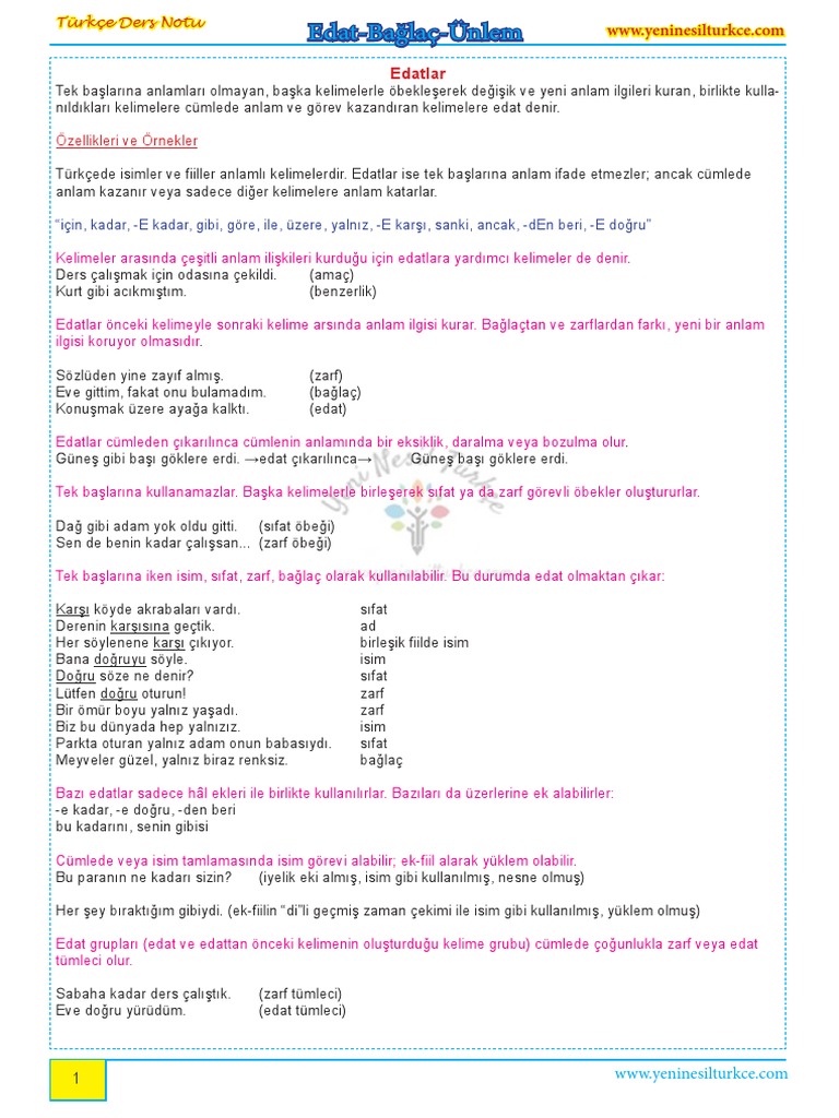 6.sinif Turkce Dersi Edat Baglac Unlem Ders Notu | PDF