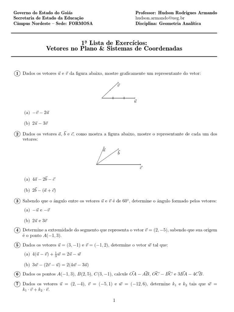 Lista De Exercícios Sobre Vetores No Plano Sistemas De Coordenadas E