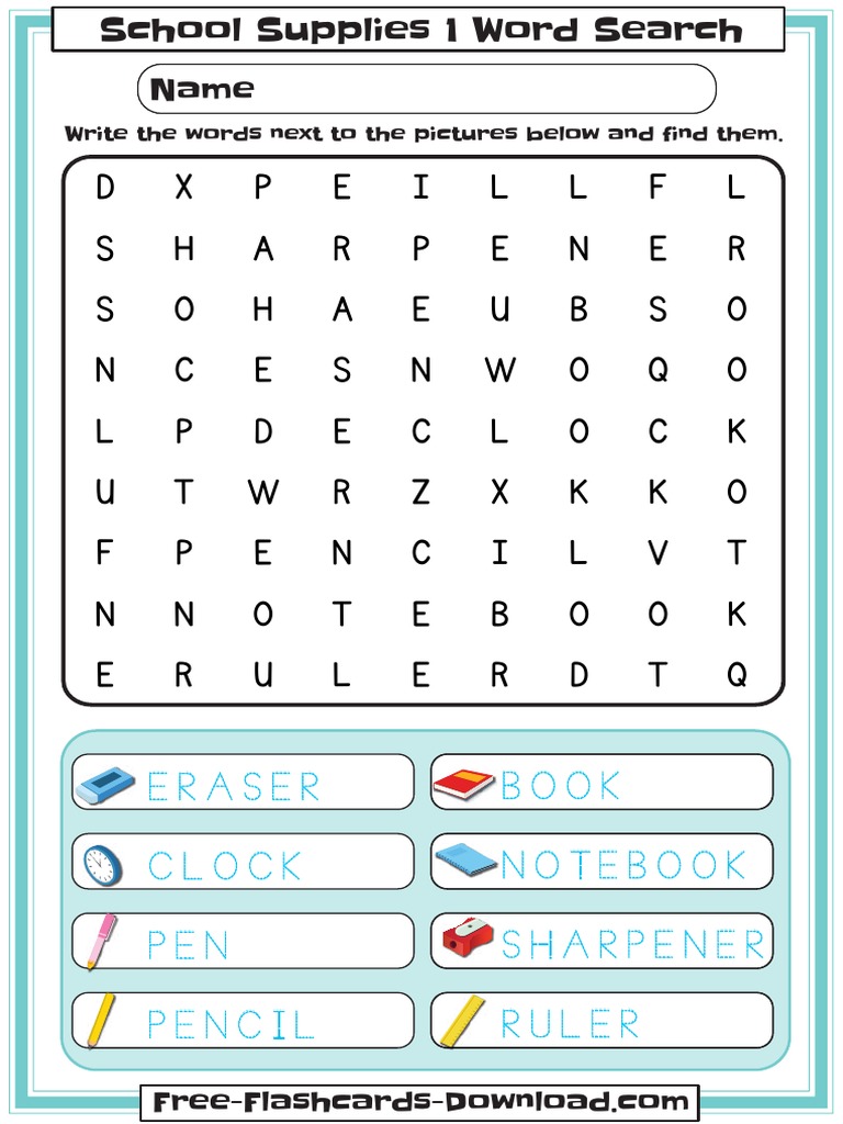 School Supplies Word Search Set1 | PDF | Office Work | Office Equipment