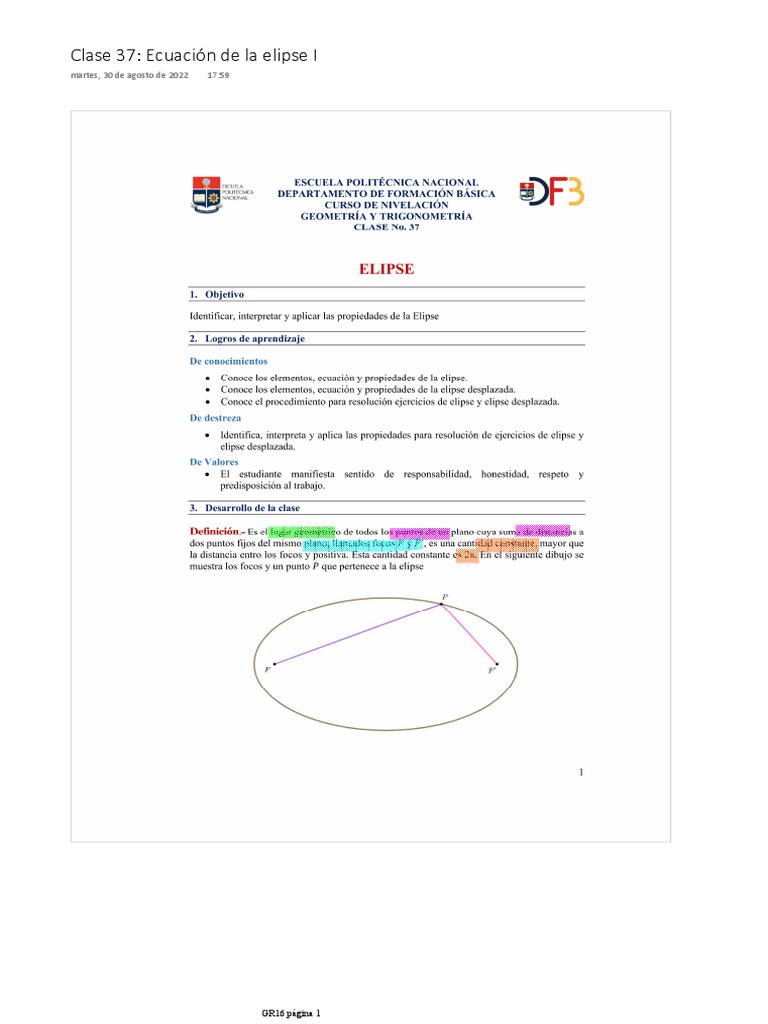 Clase 37 - Ecuación de La Elipse I | PDF | Elipse | Geometría analítica