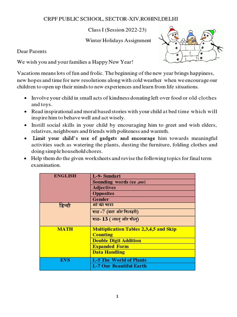 Winter Holidays 2022-23 Assignment Class 1 | PDF | Plants