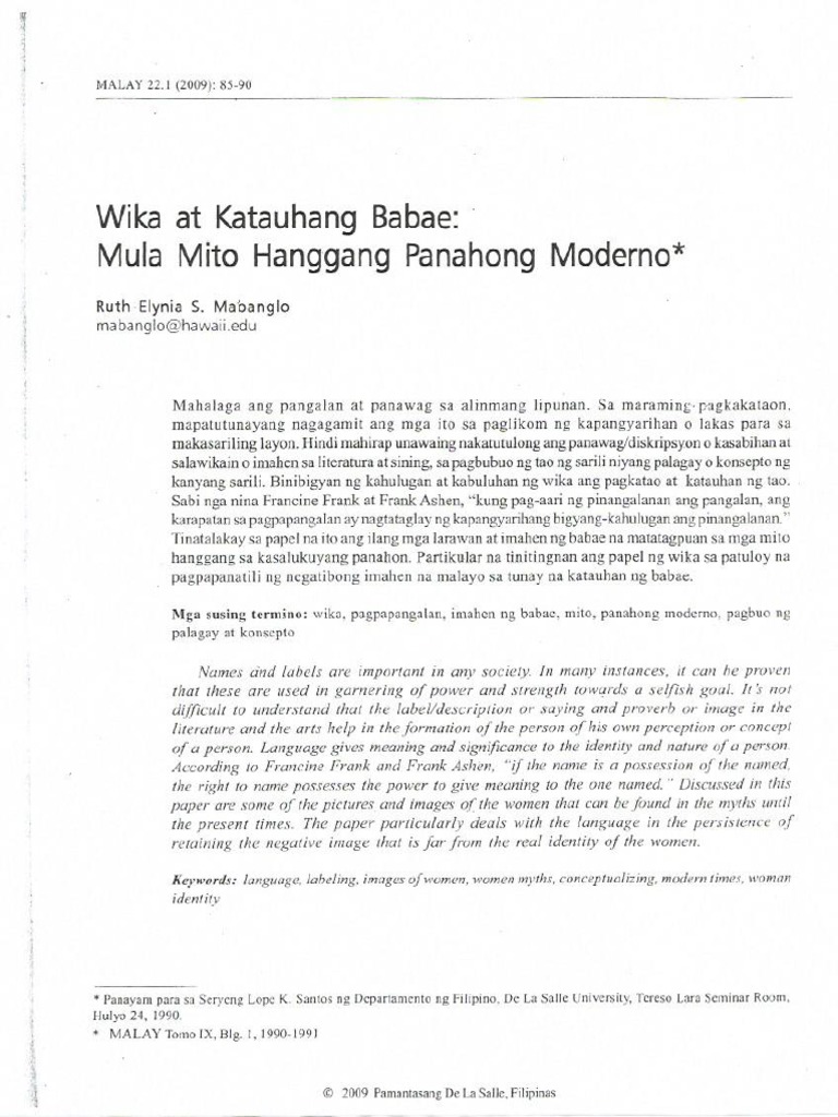 Wika at Katauhang Babae. Mula Mito Hanggang Panahong Moderno | PDF