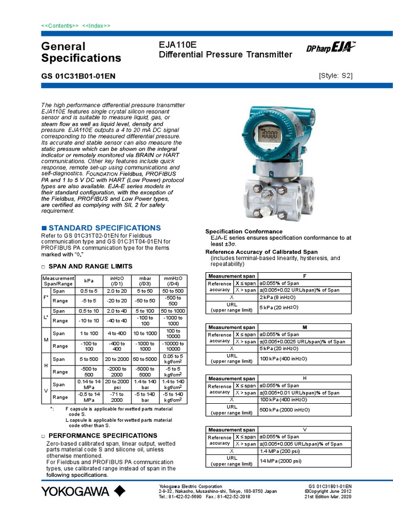 Yokogawa EJA110E General Specifications | PDF | Pressure Measurement ...