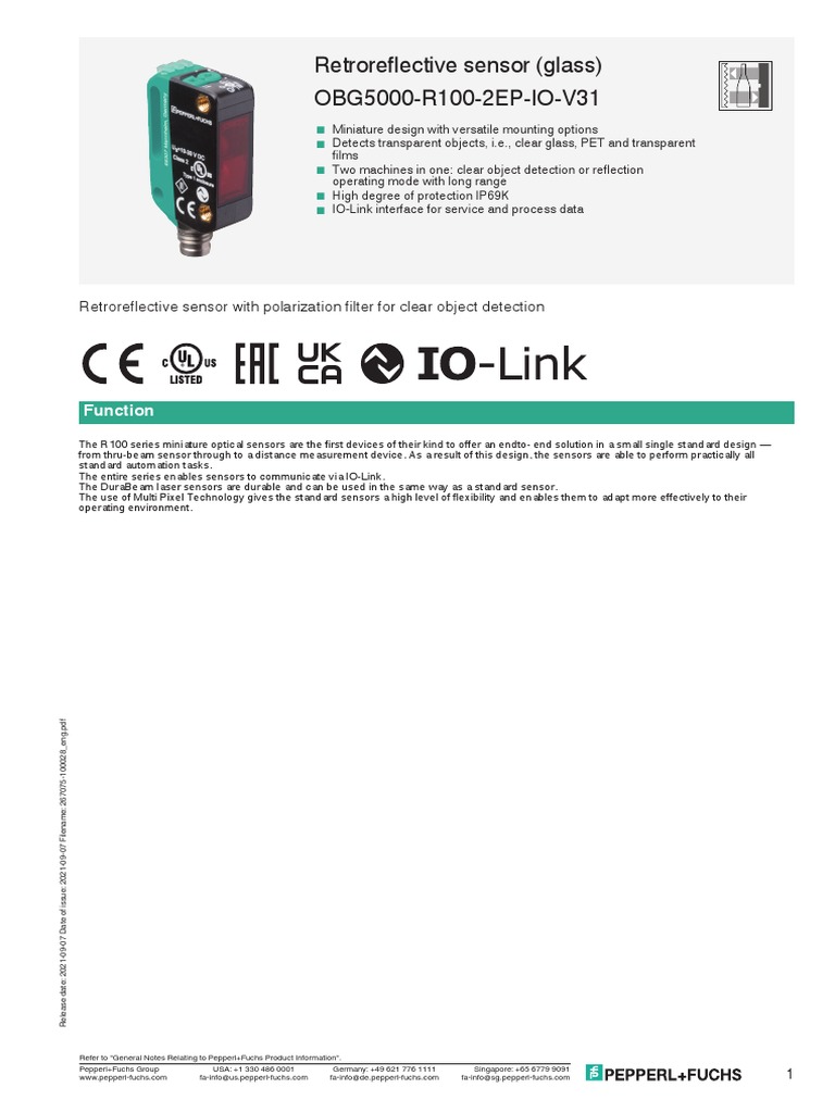 Retroreflective Sensor (Glass) OBG5000-R100-2EP-IO-V31: Function | PDF | Light Emitting Diode ...