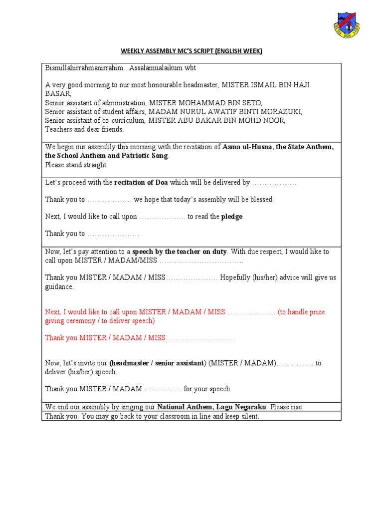 Weekly Assembly MC | PDF