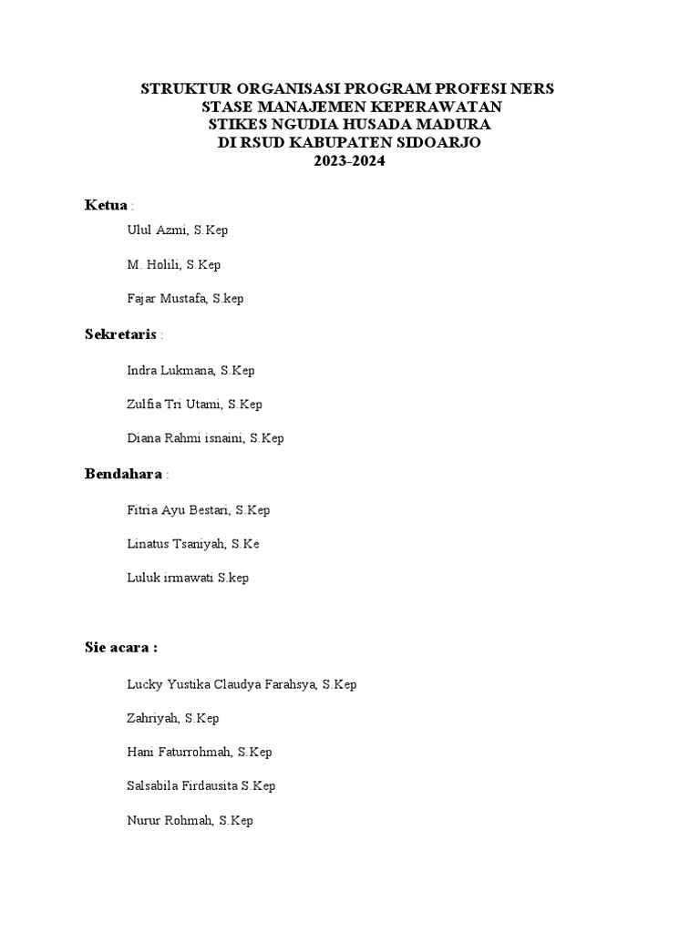 Struktur Organisasi Program Profesi Ners Manajemen 2023 Kel 123 | PDF