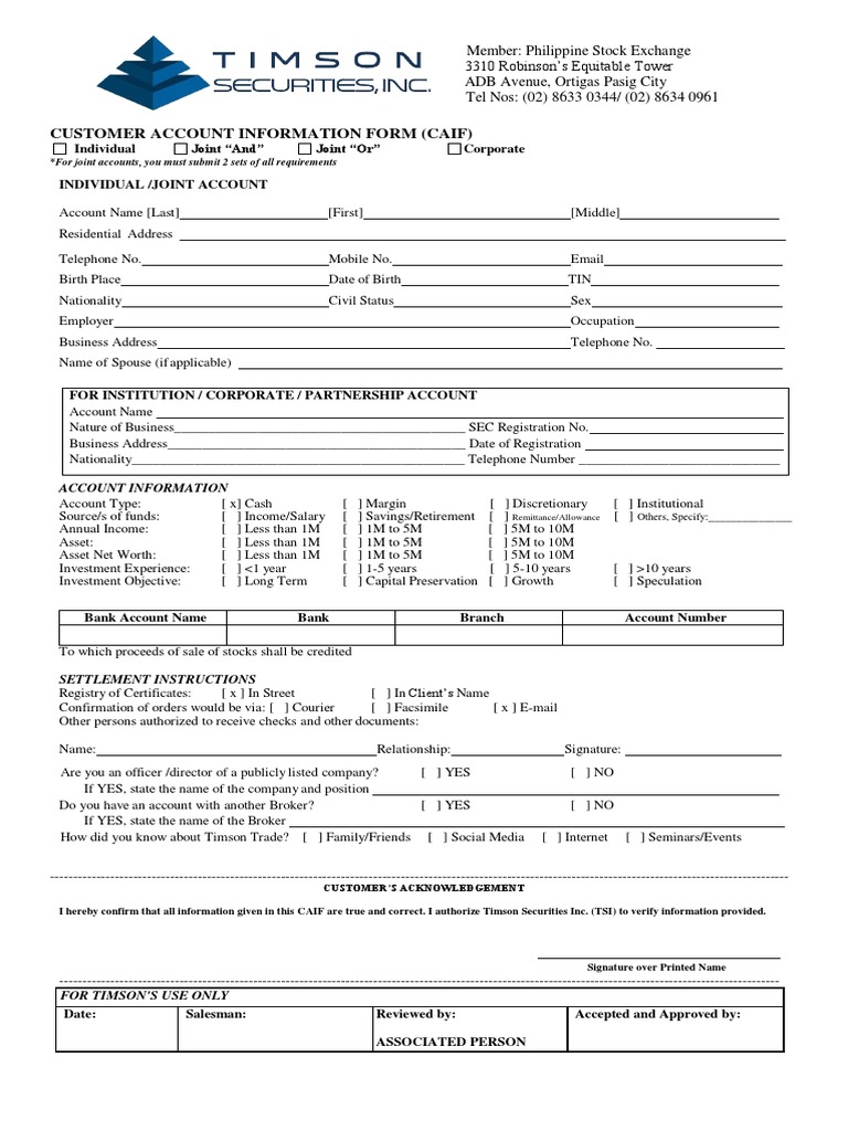 Customer Account Information Form for Opening an Individual Trading ...