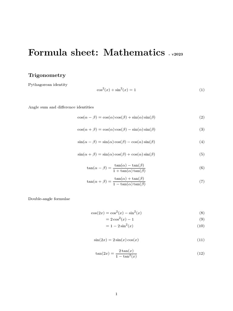 Formula Sheet Mathematics 2023 | PDF