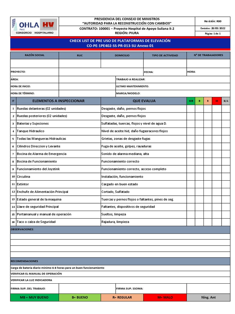 Check List Pre Uso Plataformas de Elevacion | PDF | Bienes manufacturados