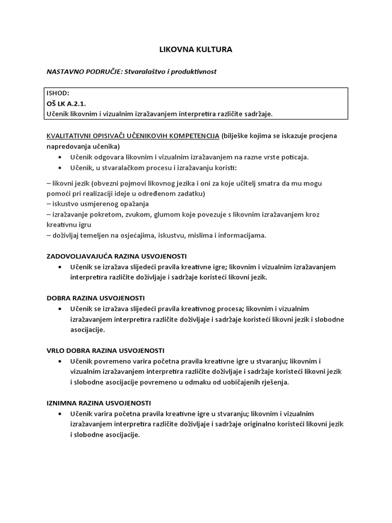 Likovna Kultura - Opisno - Praćenje - 2.r | PDF