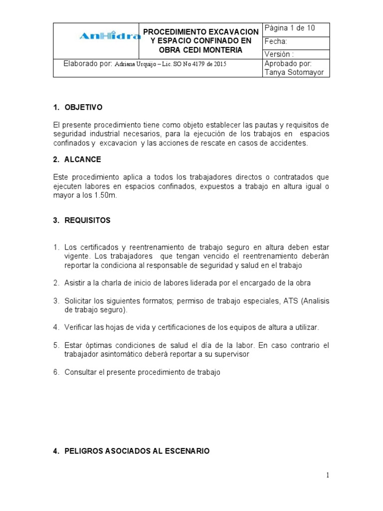 Procedimiento de seguridad para excavaciones y trabajos en espacios ...