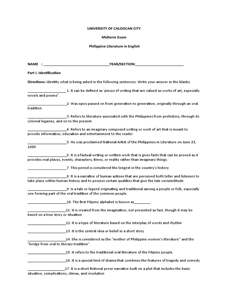 Midterm Exam in Phil - Lit in English | PDF