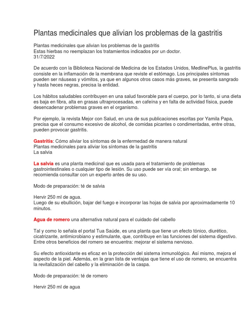 Gastritis Plantas Que Alivian Los Problemas | PDF | Té | Agua