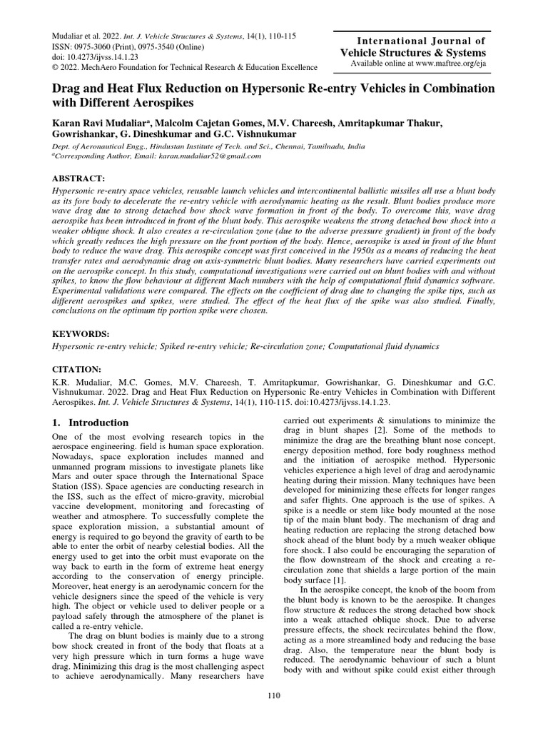 Drag and Heat Flux Reduction On Hypersonic Re-Entry Vehicles in ...