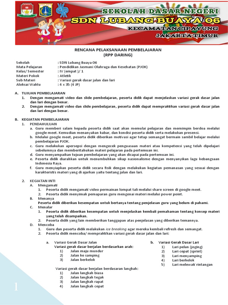 RPP PJOK KELAS 4 - Variasi Gerak Dasar Jalan Dan Lari (TGL 12-10-2021 ...