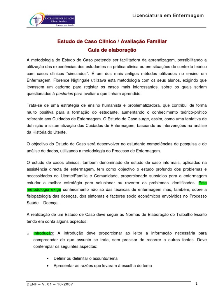Estudo de Caso Clínico - Guia Orientador | PDF | Estudo de caso ...