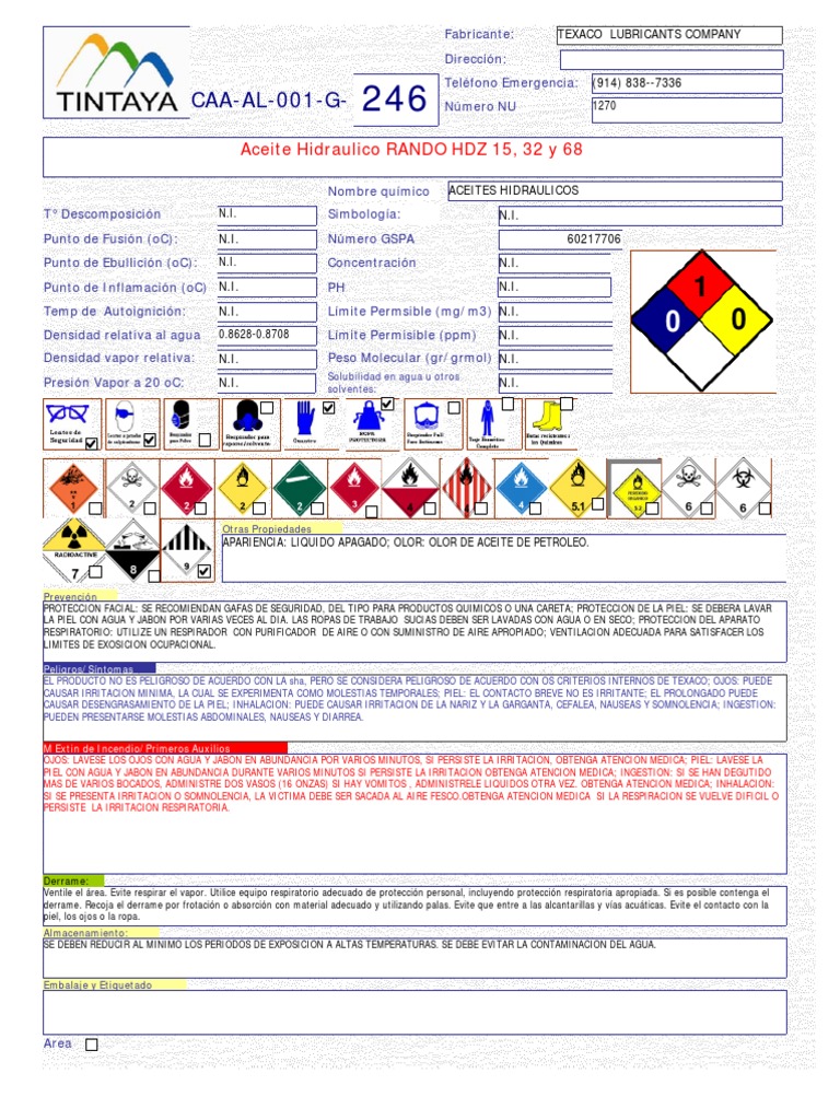 Aceite Hidráulico RANDO HDZ: Seguridad y Uso | PDF | Agua | Química