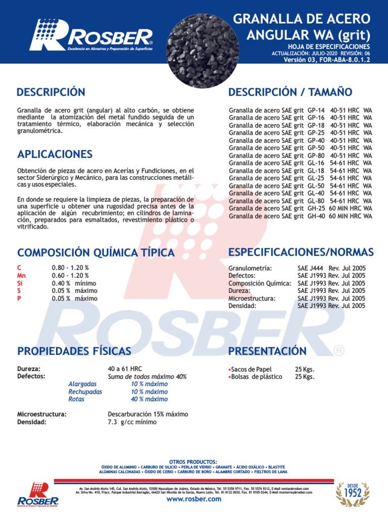 GRANALLA DE ACERO ANGULAR WA Grit - H.E. ROSBER | PDF | Acero | Abrasivo