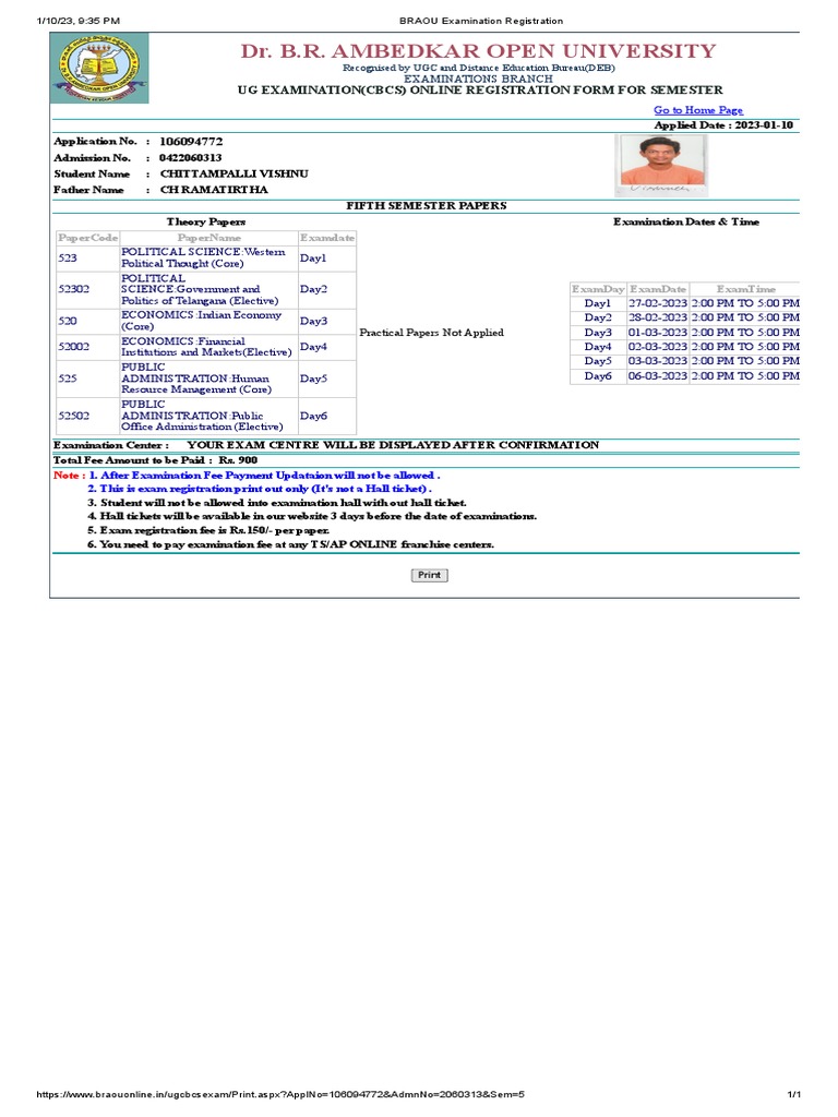 BRAOU Examination Registration Sem 5 | PDF