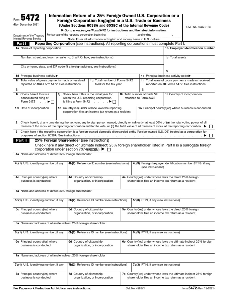 Form 5472 | PDF | Gross Income | Tax Deduction