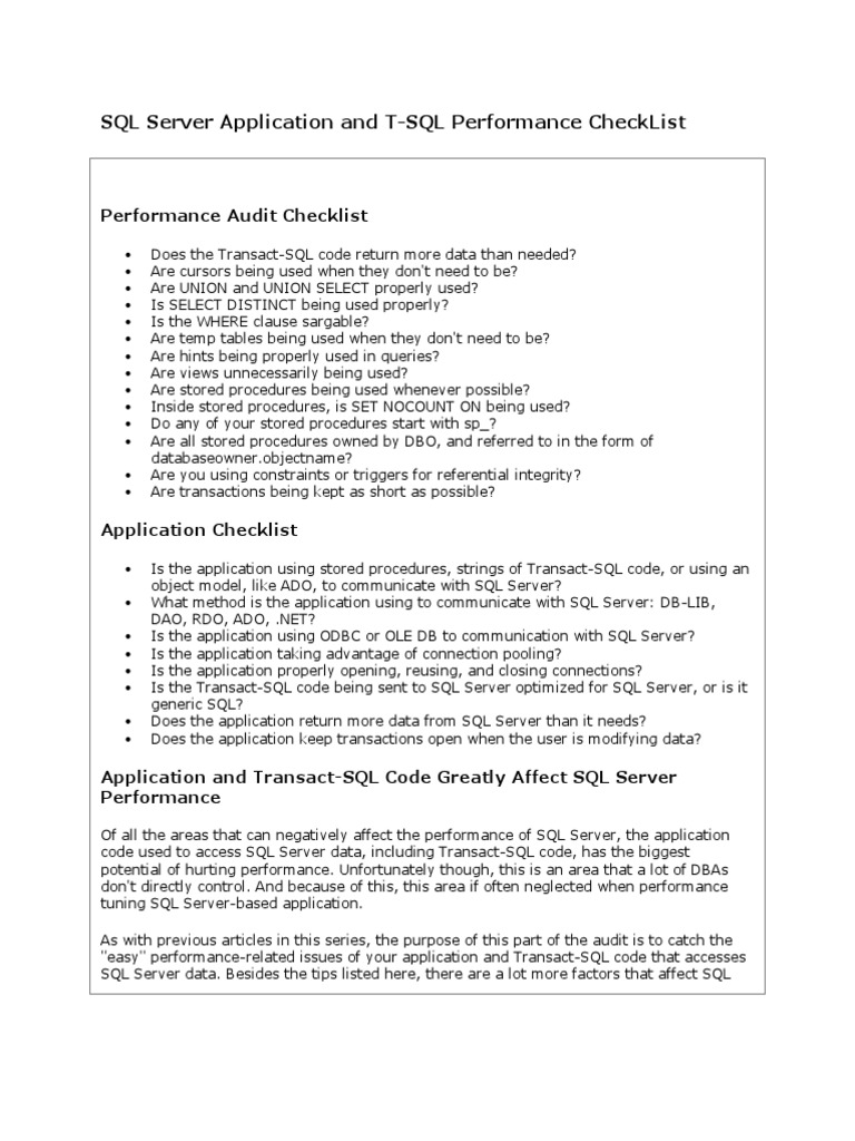TSQL Performance CheckList | PDF | Database Index | Microsoft Sql Server