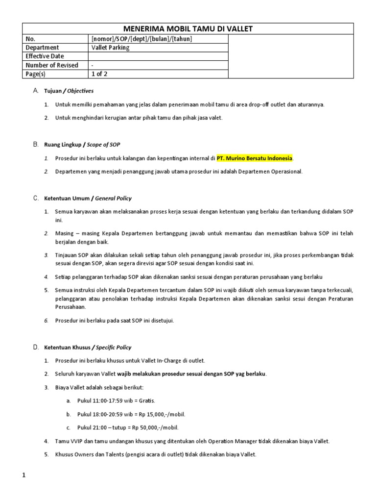 Sop Menerima Mobil Tamu Di Vallet 1 | PDF | Bisnis | Pengelolaan ...