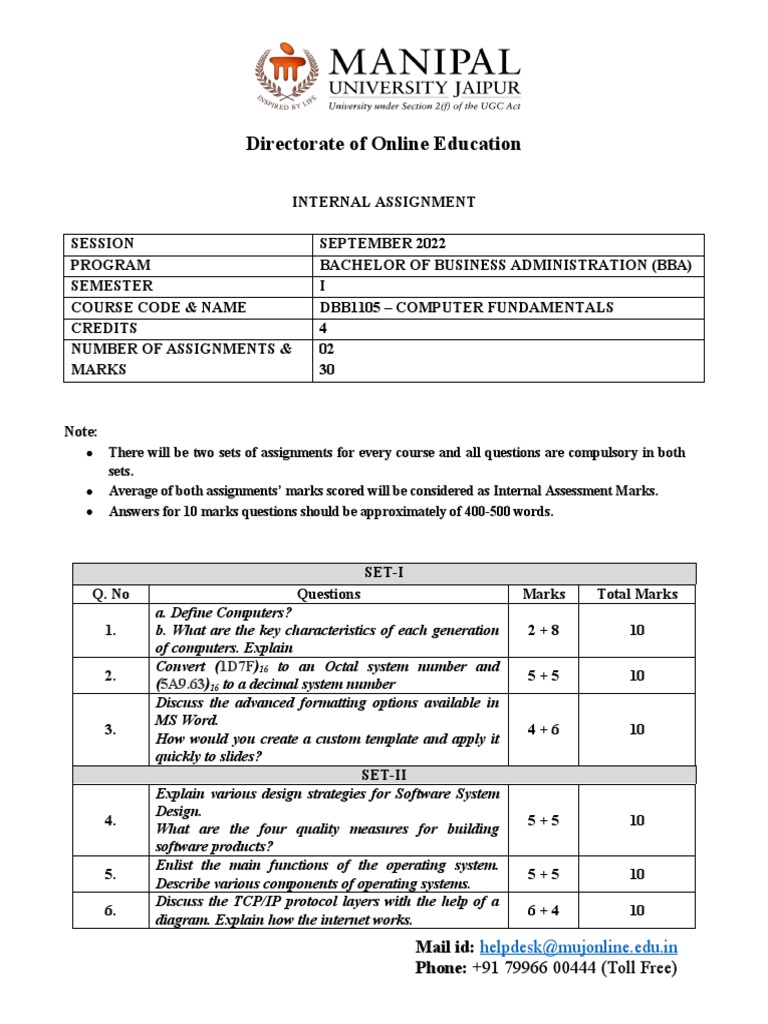 Assignment - DBB1105 - BBA 1 - Set-1 and 2 - Nov - 2022 | PDF | Internet Protocol Suite ...
