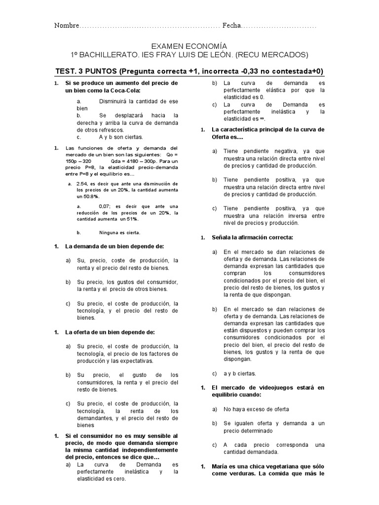 EXAMEN Economia Parte 1 | PDF | Oferta y demanda | Oferta (economía)