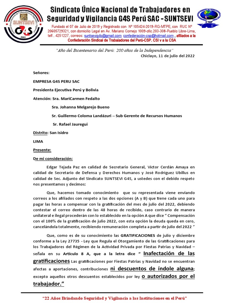 Carta de Gratificacion G4S | PDF | Perú