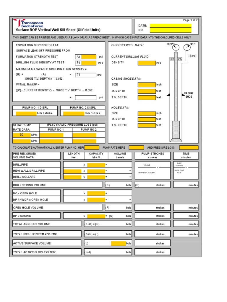 Form Kill Sheet Well Cotrol | PDF | Casing (Borehole) | Mechanical ...
