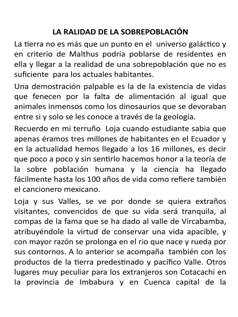 La Sobrepoblación | PDF | Sobrepoblación humana | Ecuador