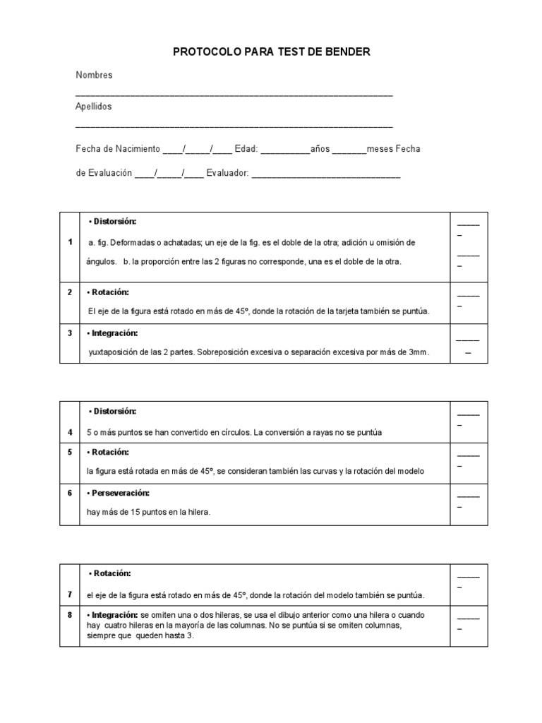 Protocolo de Evaluación Test de Bender | PDF | Rotación | Geometría