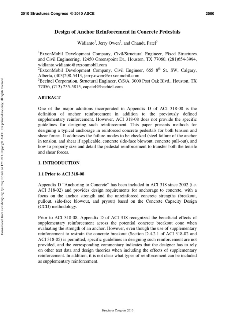 Design of Anchor Reinforcement in Concrete Pedestals (ASCE - ACI 318-08 ...