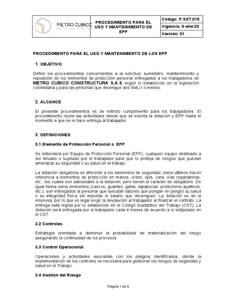 P.SST. 015 - Procedimiento Uso y Mantenimiento de EPP | PDF | Equipo de protección personal
