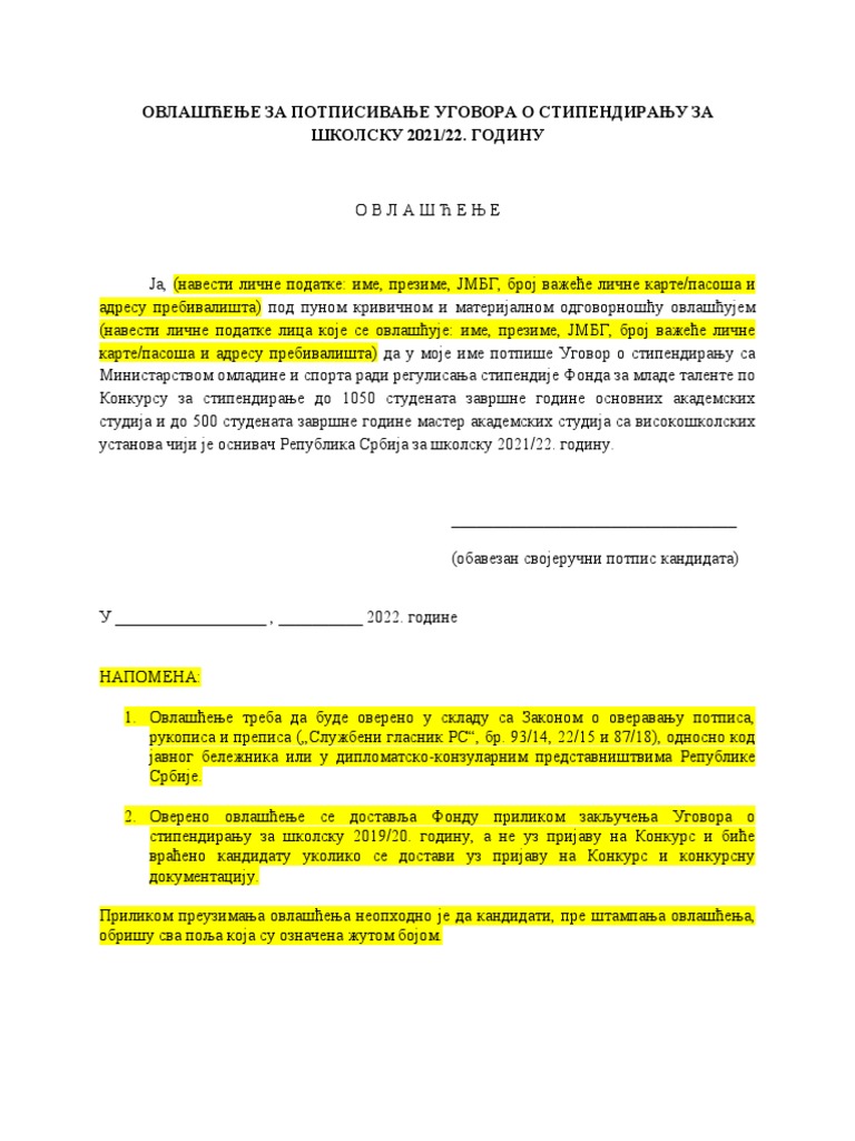 Primer Ovlascenja Za Potpisivanje Ugovora | PDF