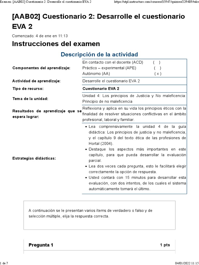 Examen (AAB02) Cuestionario 2 Desarrolle El Cuestionario EVA 2 | PDF