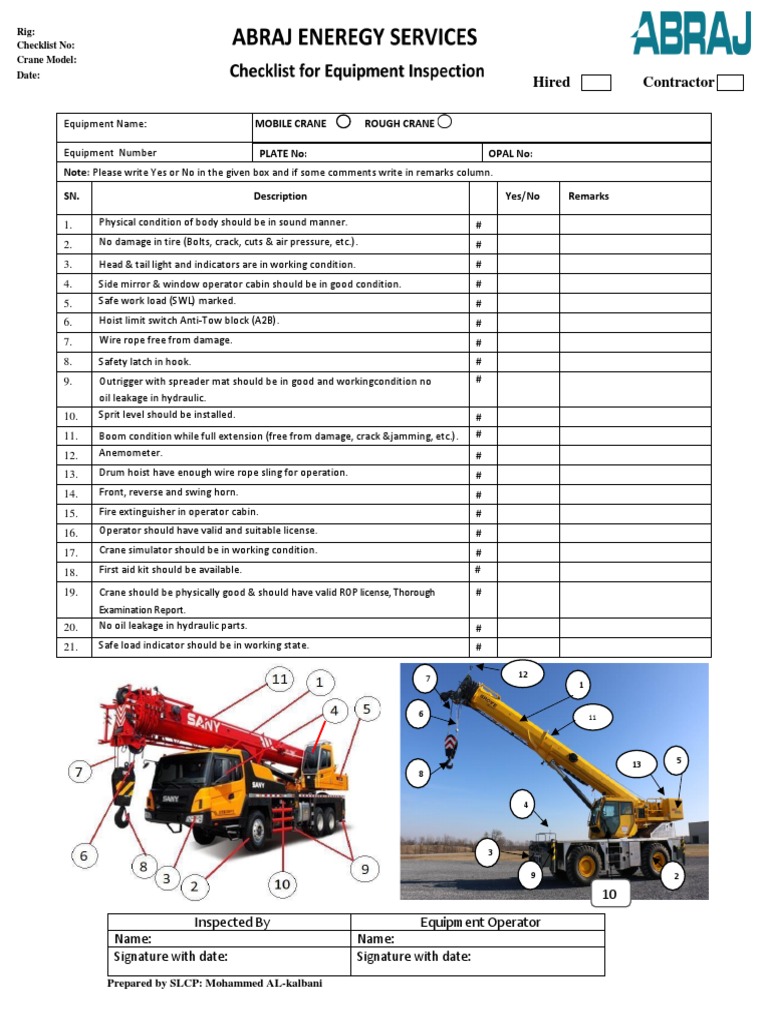 Checklist Inspection For Crane | PDF | Crane (Machine) | Equipment