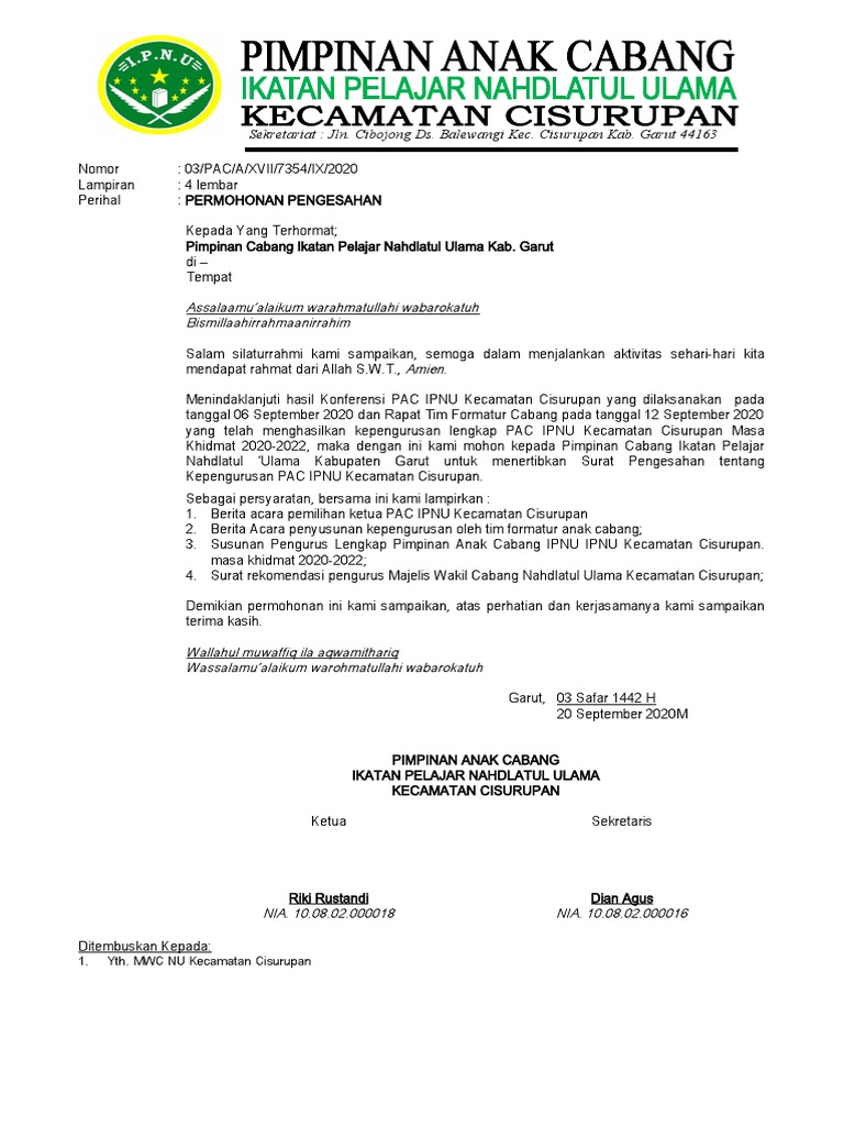 Contoh Pengajuan Surat Pengesahan PAC | PDF