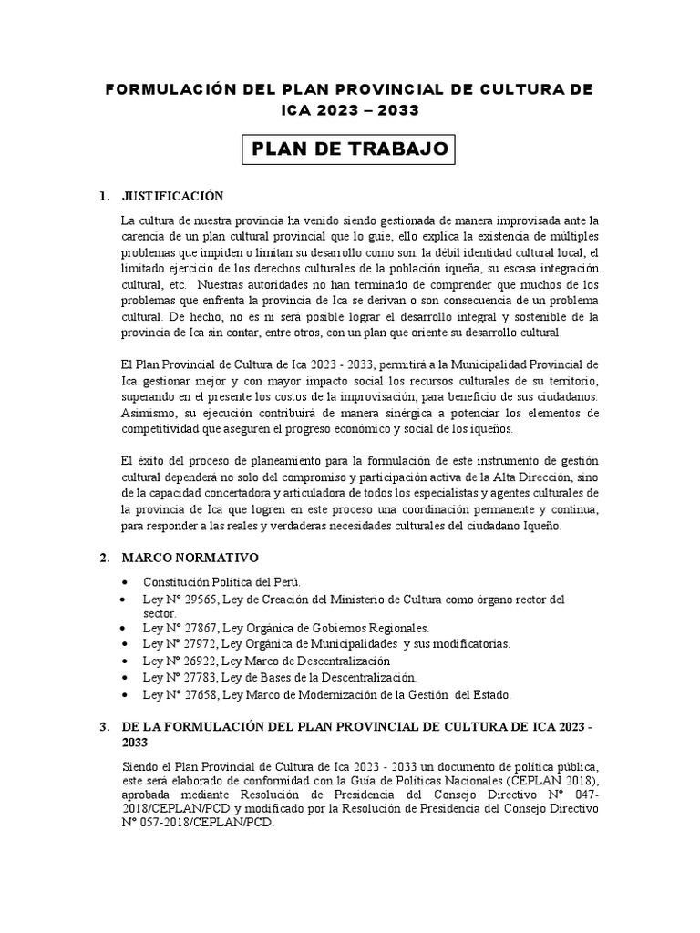 Plan para La Formulación Del Plan Provincial Cultural de Ica 2023-2033 ...