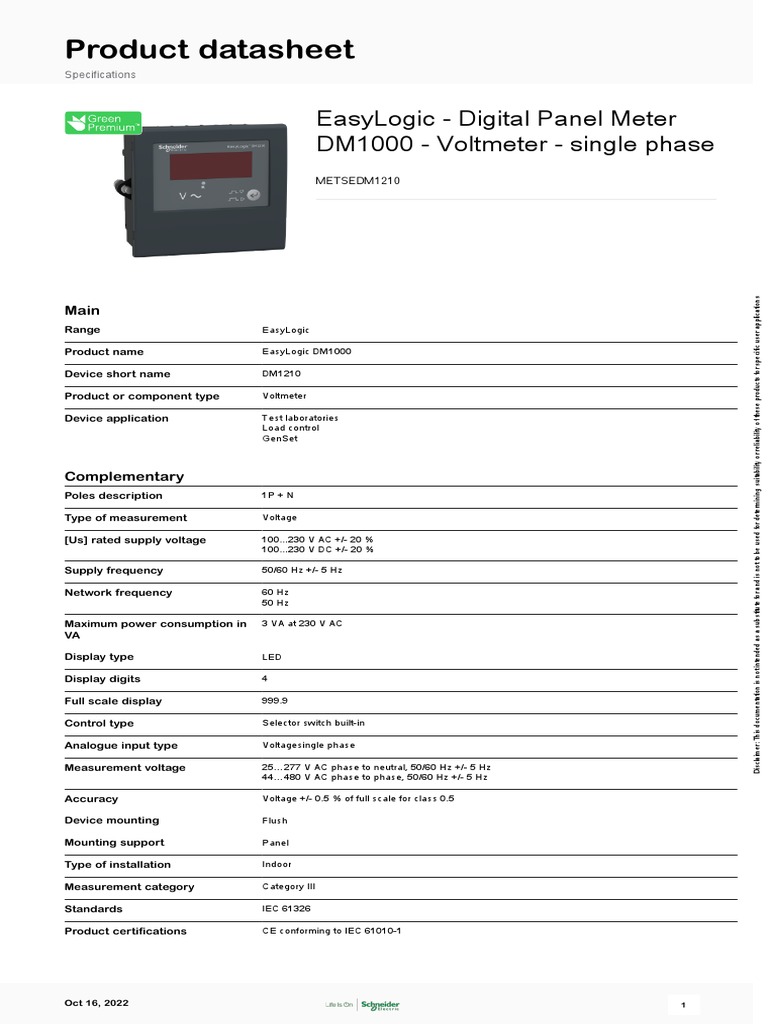 Specifications and Environmental Compliance for the EasyLogic DM1000 ...