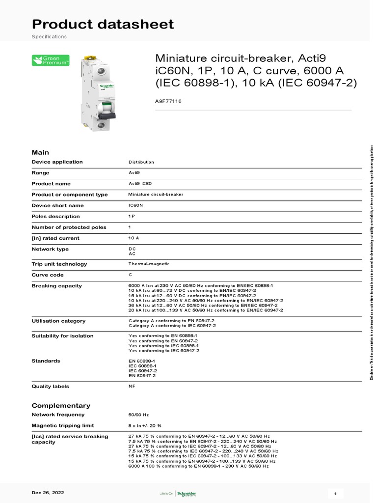 Ic60 - A9F77110 (1 Pole MCB) | PDF
