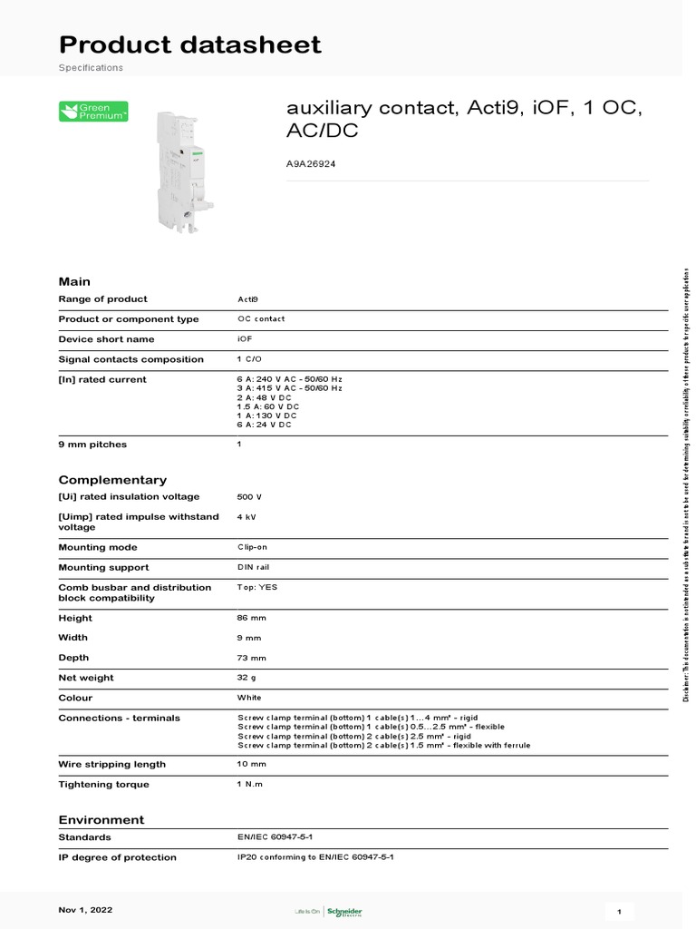 Acti9 iOF OC Contact Datasheet | PDF | Alternating Current | Electrical Engineering