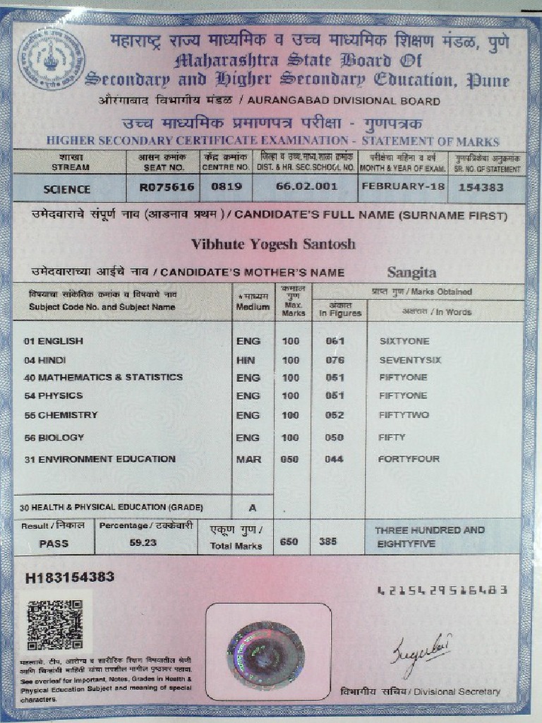 FL HSC Marksheet | PDF